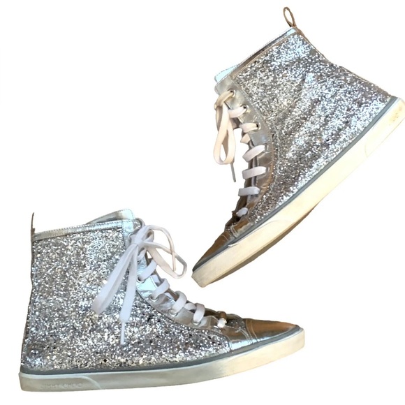 Jimmy Choo | Shoes | Jimmy Choo Silver Glitter High Top Sneakers Size ...